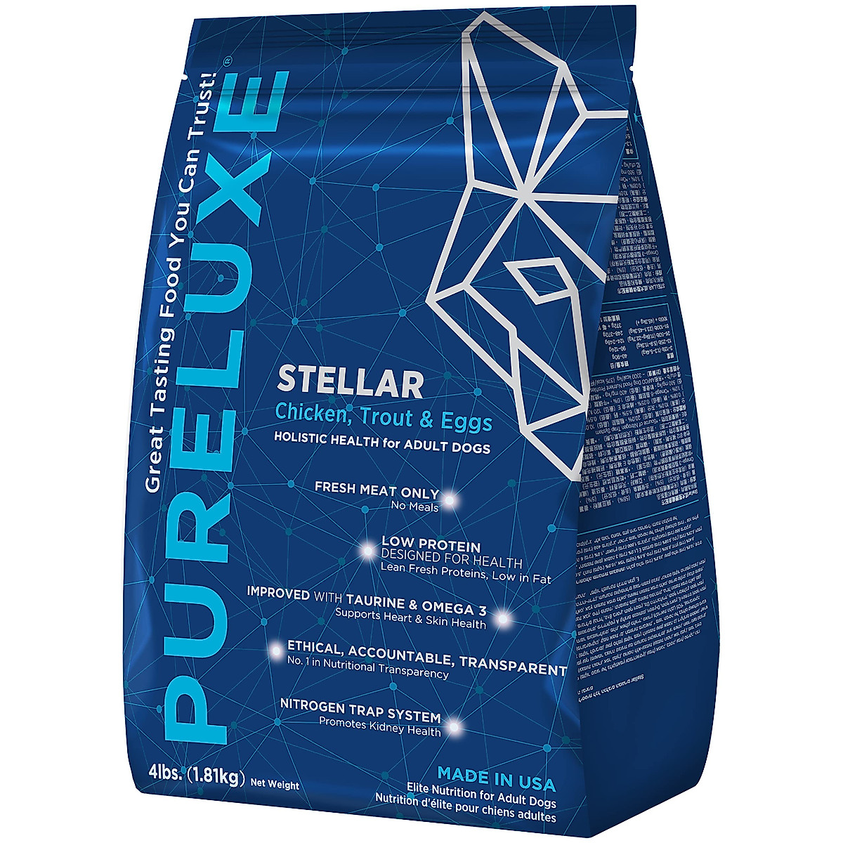 PURELUXE Grain and Gluten Free Dog Food, Stellar Elite Nutrition, Chicken, Trout, and Eggs, for Adult and Senior Dogs, Made in The USA, 4lbs