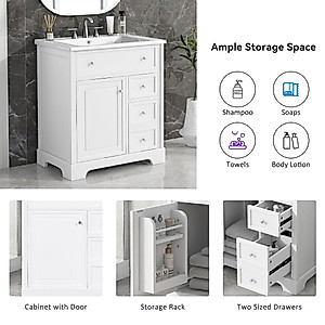 CuisinSmart 30" Bathroom Vanity with Sink Top, Bathroom Storage Cabinet Modern Design Solid Wood Frame Bath Vanity with One Door and Two Drawers White
