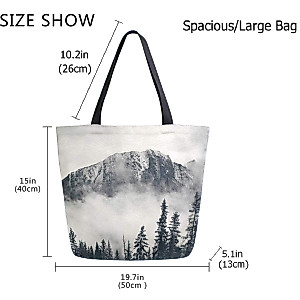 ZzWwR Stylish Banff National Park Foggy Mountains and Forest Extra Large Canvas Beach Travel Reusable Grocery Shopping Tote Bag Portable Storage HandBag