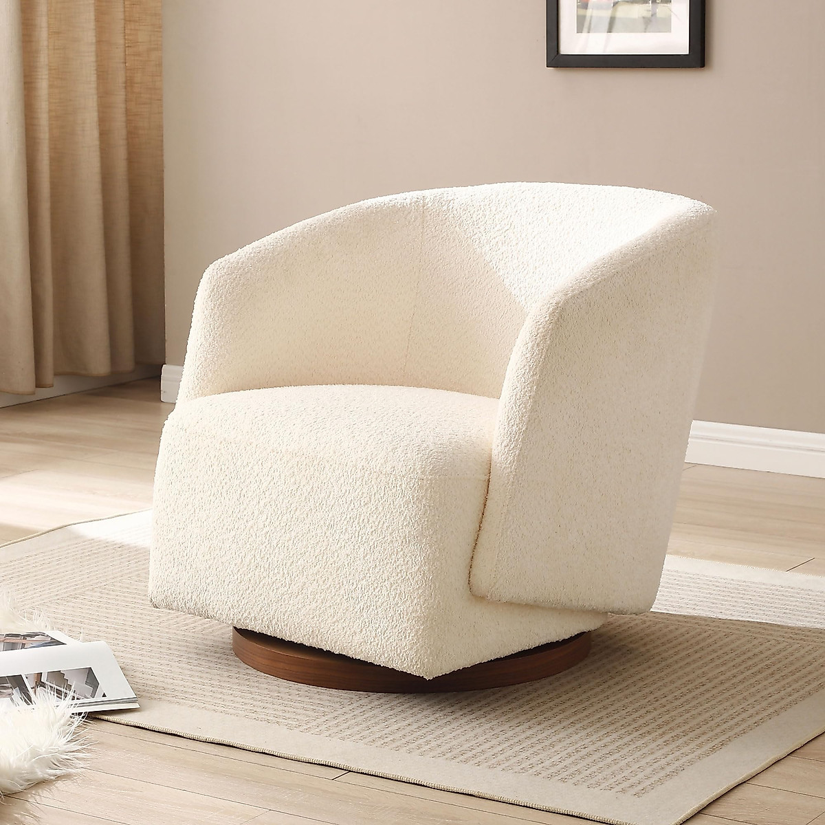 LyuHome 29.53" Modern Curved Sofa Couch, Round Swivel Accent Sofa Chair Upholstered Small Cream Couch Boucle Chair for Living Room Bedroom Apartment (Beige)