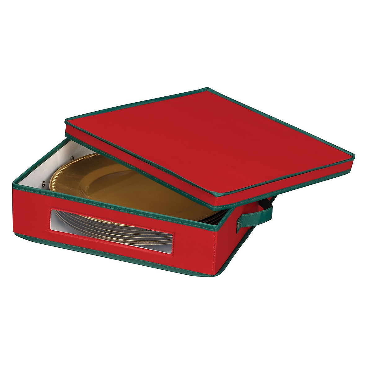 Household Essentials Holiday China Storage Chest with Lid and Handles | Charger Plates and Platters | Red Canvas with Green Trim
