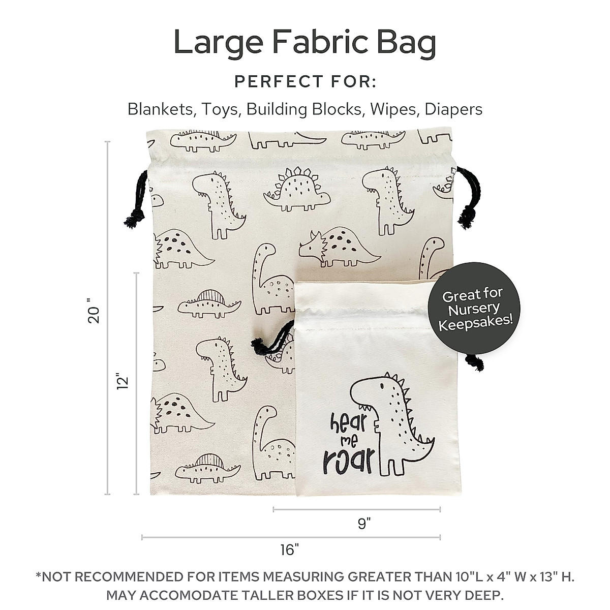 Gather & Knot Drawstring Gift Bags | Premium Canvas | 20" Large 12" Small | Reusable Fabric Wrap for Baby Shower or Boy Birthday | Dinosaur