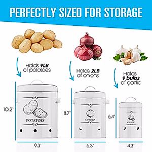 Houseables Potato Storage, Onion Bin, Garlic Container, 6"x4", 10"x9", 9"x6", Set of 3, Metal, White, Vegetable Keeper, Potatoes Basket, Kitchen Pantry Canister, Countertop Veggie Holder, Rustic