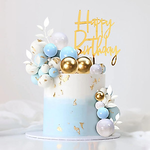 Blue Balls Cake Topper Boho Grass Cake topper Blue White Gold Pearl Balls Happy Birthday Cake Decorations for Wedding Baby Shower Birthday Boho Themed Party Supplies (Blue)