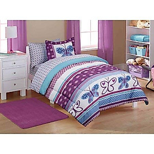 Mainstay Kids' Coordinated Bed in a Bag Includes Comforter, Pillow sham(s), Flat Sheet, Fitted Sheet, Pillow case(s), (Twin, Purple Butterfly Bed)