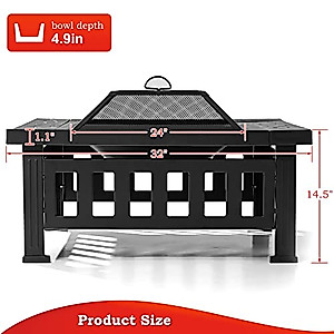 SINGLYFIRE 32 Inch Fire Pit Table for Outside Square Metal Firepit Outdoor Wood Burning Large Steel Bonfire Pit for Patio Backyard Garden with Waterproof Cover,Spark Screen,Log Grate,Poker