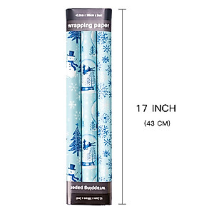 LeZakaa Blue Christmas Wrapping Paper - Mini Roll with Metallic Foil - Snowman/Crystal Ball/Snowflake for Gift Wrap, DIY Craft - 17 x 120 inches - 3 Rolls (42.5 sq.ft.ttl.)