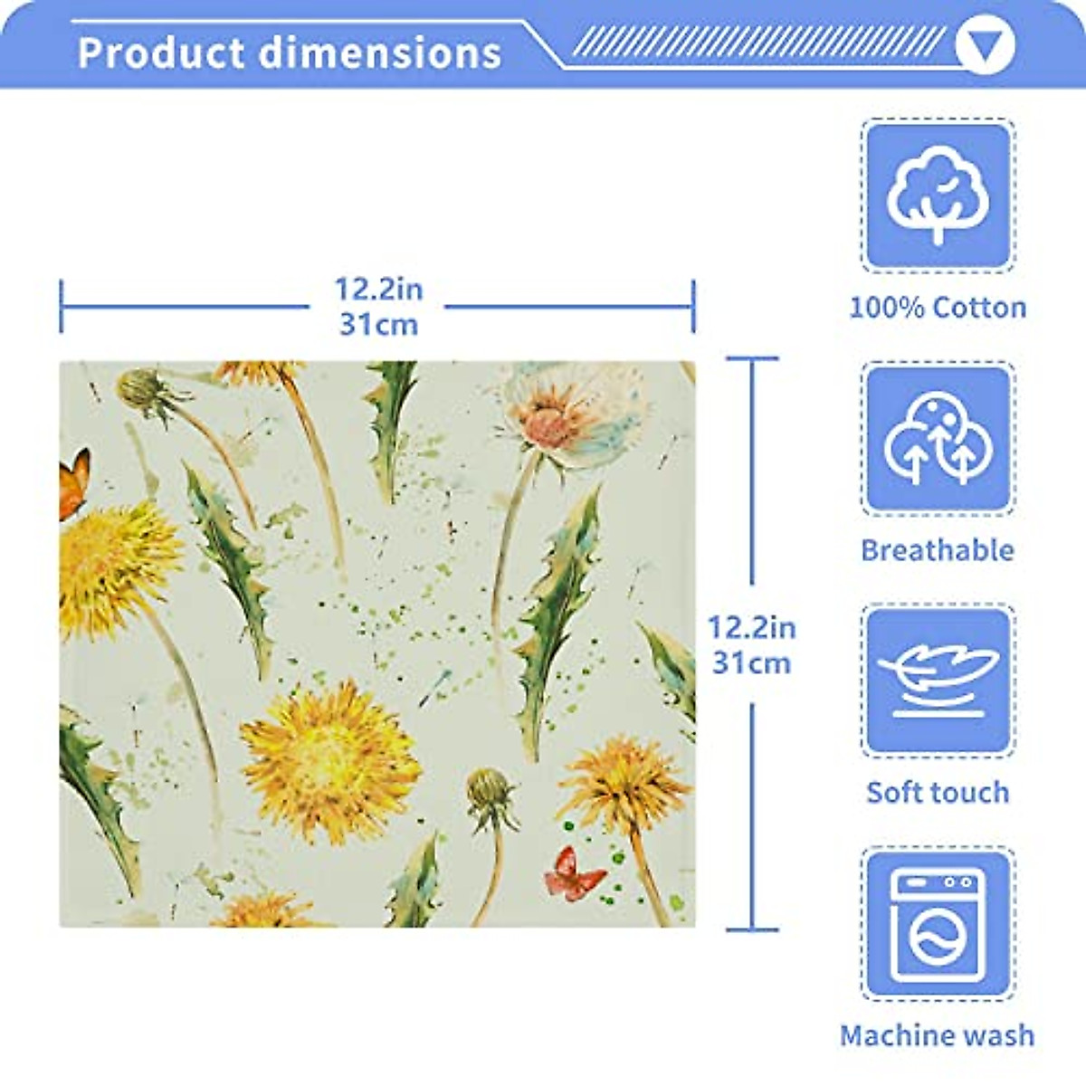 WELLDAY Yellow Dandelion Washcloths, 2 Pack 12 X 12 Inches Cotton Wash Cloths, Highly Absorbent and Soft Face Towels for Bathroom,Gym,Hotel and Spa