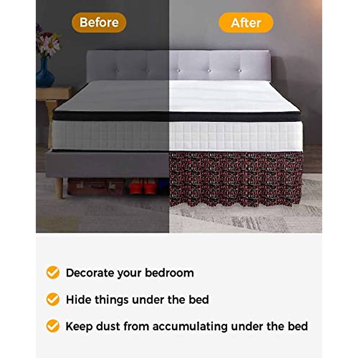 Valentine's Day Bed Skirt King Size 16 Inch Drop,Adjustable & Elastic Wrap Around Bed Skirts Pleated Luxury Dust Ruffles for Twin Full Queen Cal King Base Bed,English Characters Saying Love You Black