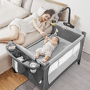 Afgbf Baby Bassinet Bedside Crib with Diaper Changer, 5 in 1 Pack and Play, Playpen Travel Bed with Storage, Baby Playard with 4 Adjustable Height, Carry Bag, Easy to Install, Grey