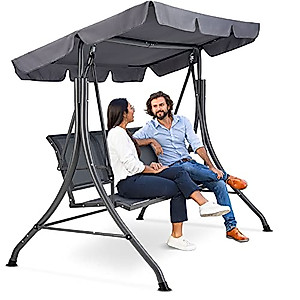 Zupapa Outdoor Patio Swing Chair w/Textilene Breathable 3-Person Armrest Seat, Canopy Porch Swing w/Adjustable Shading, Heavy-Duty Powder-Coated Swing Sets for Backyard, Poolside, Balcony - Gray