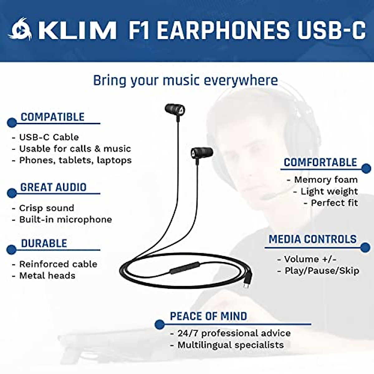 KLIM F1 USB C Earphones + New Version + Excellent Audio Quality + Durable USB C Headphones with Microphone + 5-Year Warranty + Wired USB C Earbuds Compatible Huawei Sony Samsung Headphones Type C