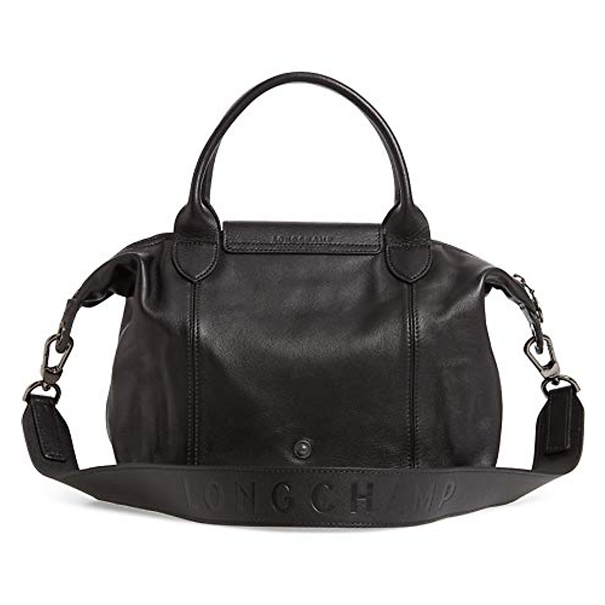 LongChamp Women's Le Pliage Black Leather Top Handle Leather Tote Handbag Medium