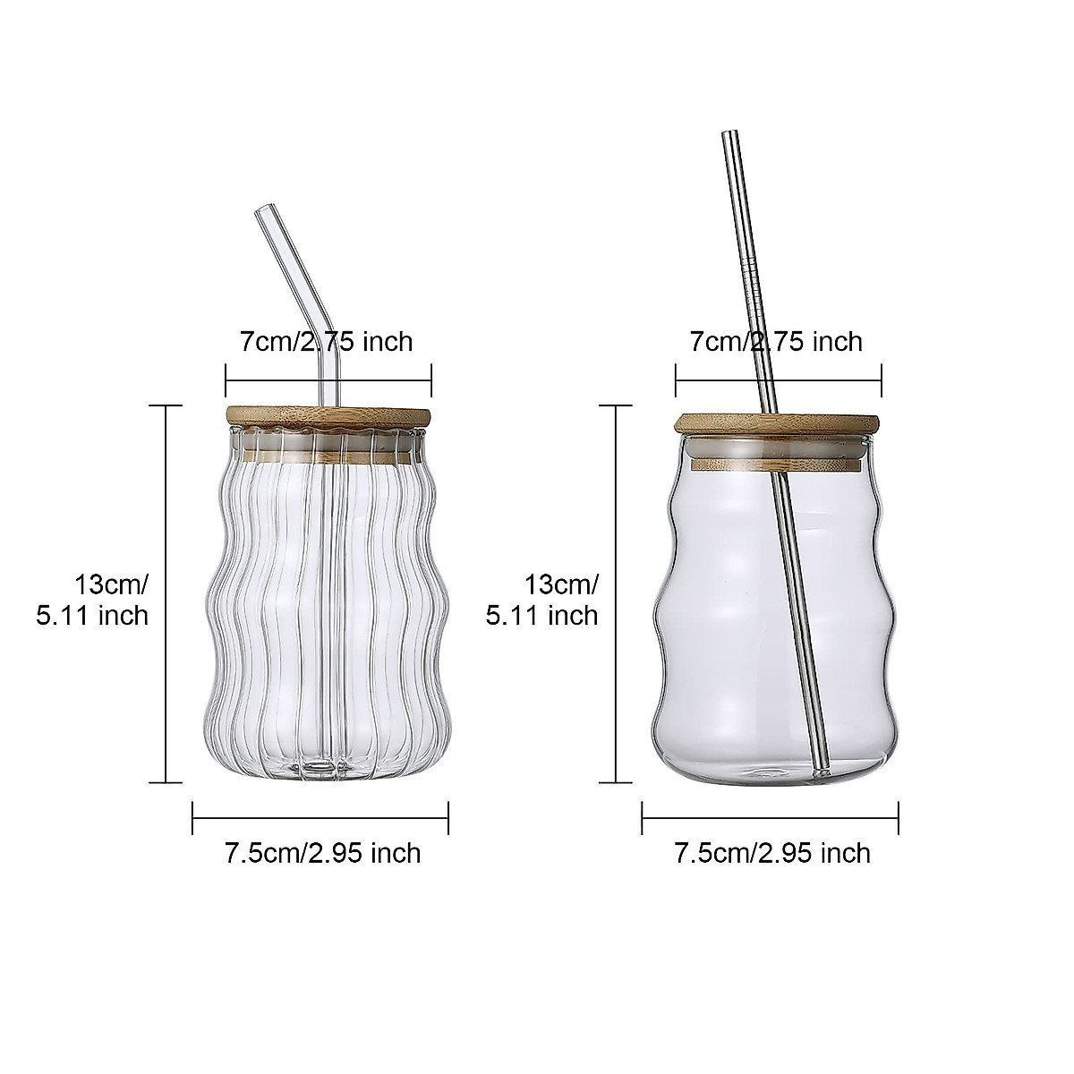 MANMAOHE 17oz Creative Drinking Glasses set of 2 Wave Shaped Glass Cups with Lids and Straws Beer Glasses Ice Coffee Glasses Vintage Ribbed Glassware for Juice Beverage