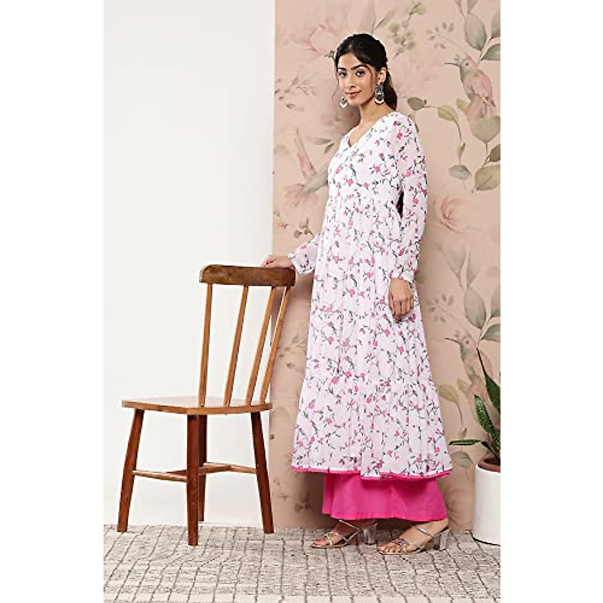 Janasya Indian Women's White Georgette Floral Printed Kurta with Flared Palazzo and Dupatta(J0451-KR-PP-ICH-XXL)
