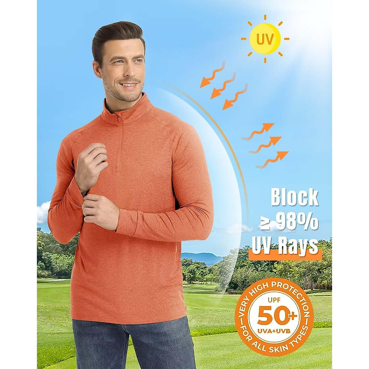 Boladeci Moisture Wicking Shirts for Men UPF 50+ UV Protection Long Sleeve Sun Protection Shirts Orange SPF Dry Fit Sun Shirts Rash Guard Golf Tops