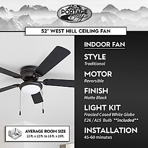 Portage Bay 50251 Hugger 52" Matte Black West Hill Ceiling Fan with Bowl Light Kit