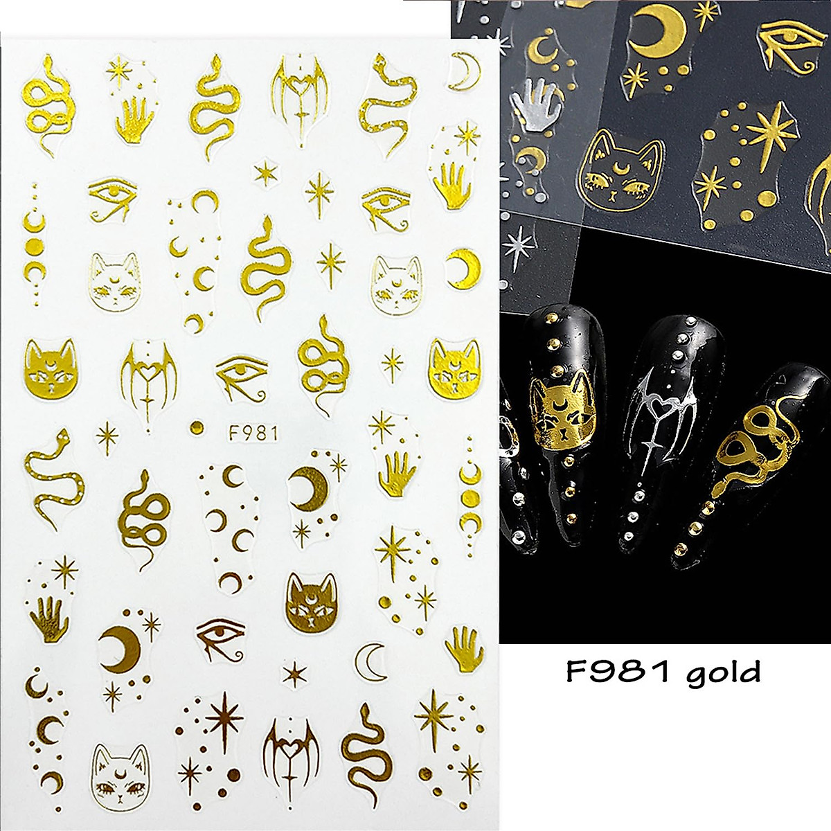 8 Sheets Gold Star Moon Nail Art Stickers Decals Snake Sun Eye Nail Stickers 3D Self Adhesive Nail Decals Design Various Patterns Nail Art Decals for Women DIY Manicure Decoration Supplies