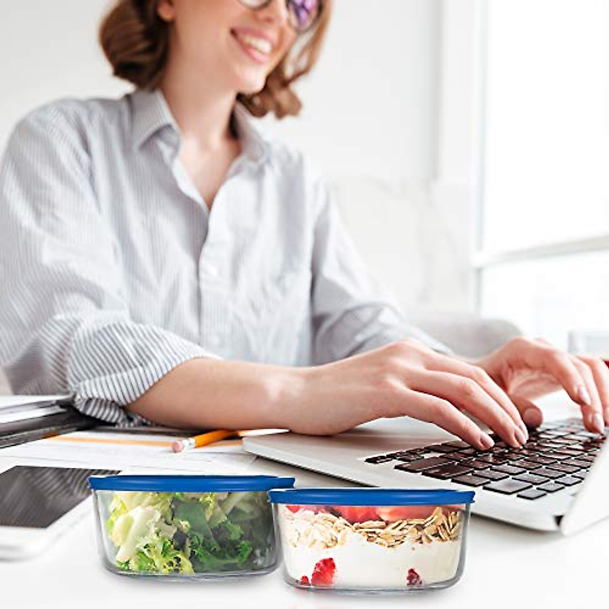 Klareware 7 Cup Glass Food Storage Containers Stackable Meal Prep Lunch Bento or leftover salad bowls 2 Piece Dish w BPA Free Lids (Blue)