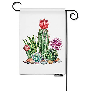 Moslion Cactus Garden Flags Double Sided Watercolor Green Garden Cacti Stones Pink Flower Yard Flag 12.5x18 Inch Burlap Banners Home Decorative Outdoor Villa