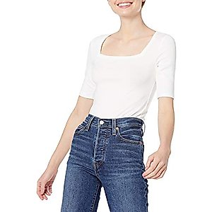 Amazon Essentials Women's Slim-Fit Half Sleeve Square Neck T-Shirt, Bright White, Medium