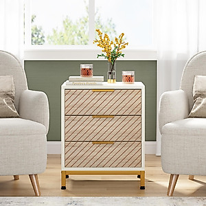 Tribesigns Night Stands for Bedrooms, White and Gold Light Wood Grain Nightstands with 3 Drawers Bedside End Tables Storage for Bedroom
