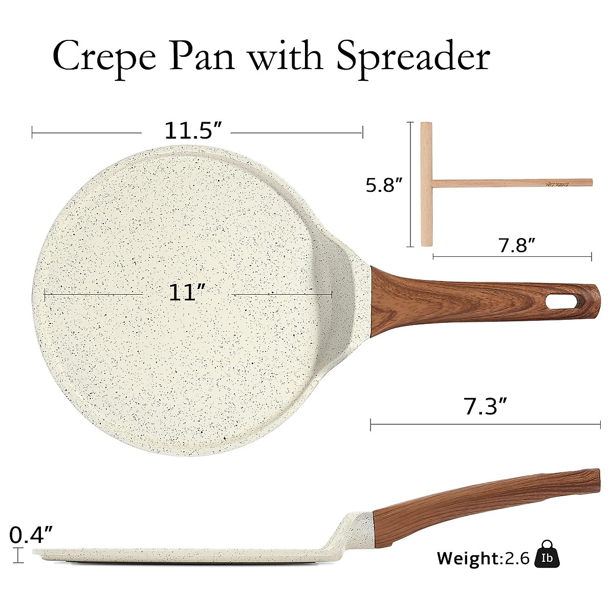ESLITE LIFE Crepe Pan with Spreader, Nonstick Ceramic Coating Flat Skillet Tawa Dosa Tortilla Pan, PFOA Free (White, 11" w/spreader)