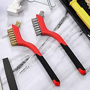 Patelai Wire Brush Set Stainless Steel/Brass/Nylon Bristles with Curved Handle Grip, Extra Bristles for Narrow Areas, Heavy Duty Mini Crimped Scratch Brush for Cleaning Grill (Classic,10 Pcs)