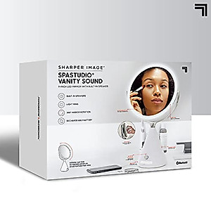 Sharper Image SpaStudio Vanity Sound, 9-Inch LED Mirror with Built-in Speaker, Wireless Bluetooth Audio, Touch-Activated Brightness Controls, Dimmable Halo Light Ring, 5X and 10X Magnification