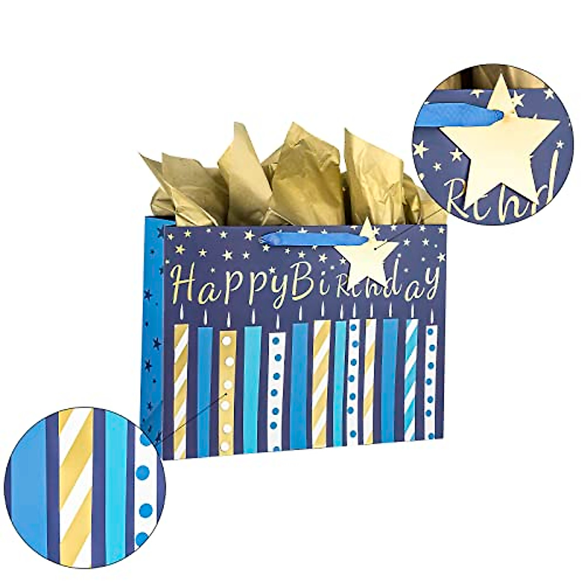 MAYPLUSS 16" Birthday Large Gift Bag with Greeting Card and Tissue Paper for Birhtday - Blue Gold Foil Candle Design