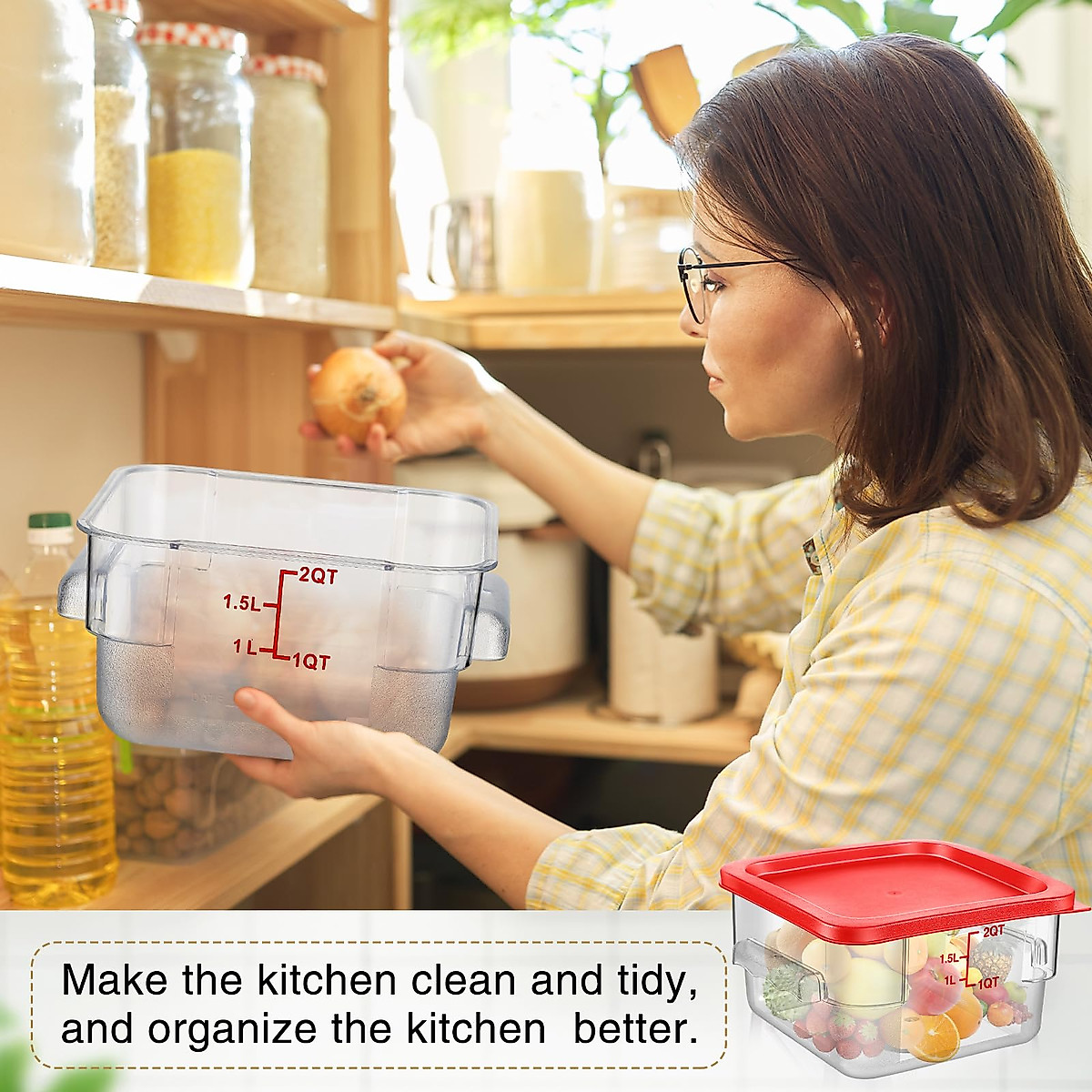 Suclain 2 Pcs Square Food Storage Container Polycarbonate Clear Food Container with Red Lid Commercial Rice Storage with Red Graduations for Commercial Kitchen(7.87 x 3.94 inches)