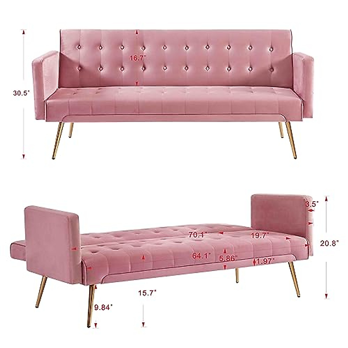 RIDFY 70” Modern Velvet Futon Sofa Bed, Convertible Sleeper Couch with Metal Legs/Armrests, Folding Upholstered Loveseat, 3 Adjustable, Memory Foam Living Seat, Recliner Sofa (Pink)