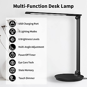 Mongery LED Desk Lamp, Table Lamp with Touch Control USB Charging, Eye-Caring Desk Lamp Aluminum Multiple Angle Adjustments LED Light for Office, Home, Reading and More, Black