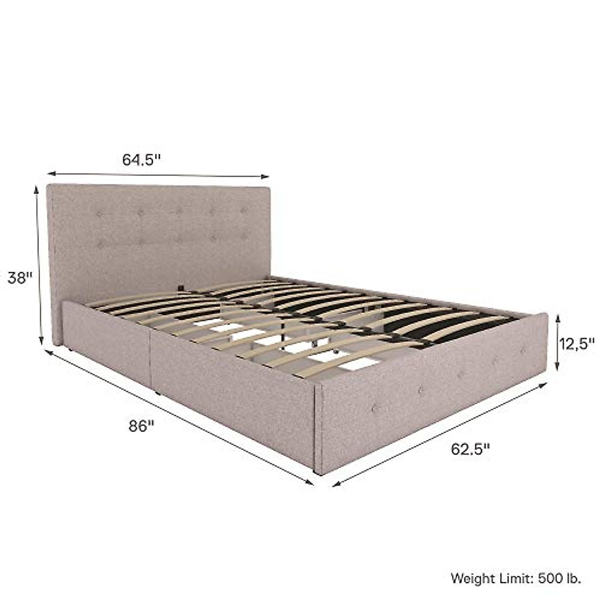 DHP Rose Upholstered Platform Bed with Underbed Storage Drawers and Button Tufted Headboard and Footboard, No Box Spring Needed, Queen, Gray Linen