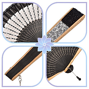 Women Lace Folding Fan Vintage Embroidery Flower Japanese Elegant Wooden Hand Fan for Wedding Party Gift (Black)