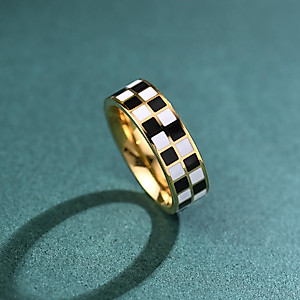 Kainier 6mm 14k Gold Plated Rings Polished Checkerboard Bands Knuckle Statement Pointer Finger Ring Comfort Fit Size 5-9