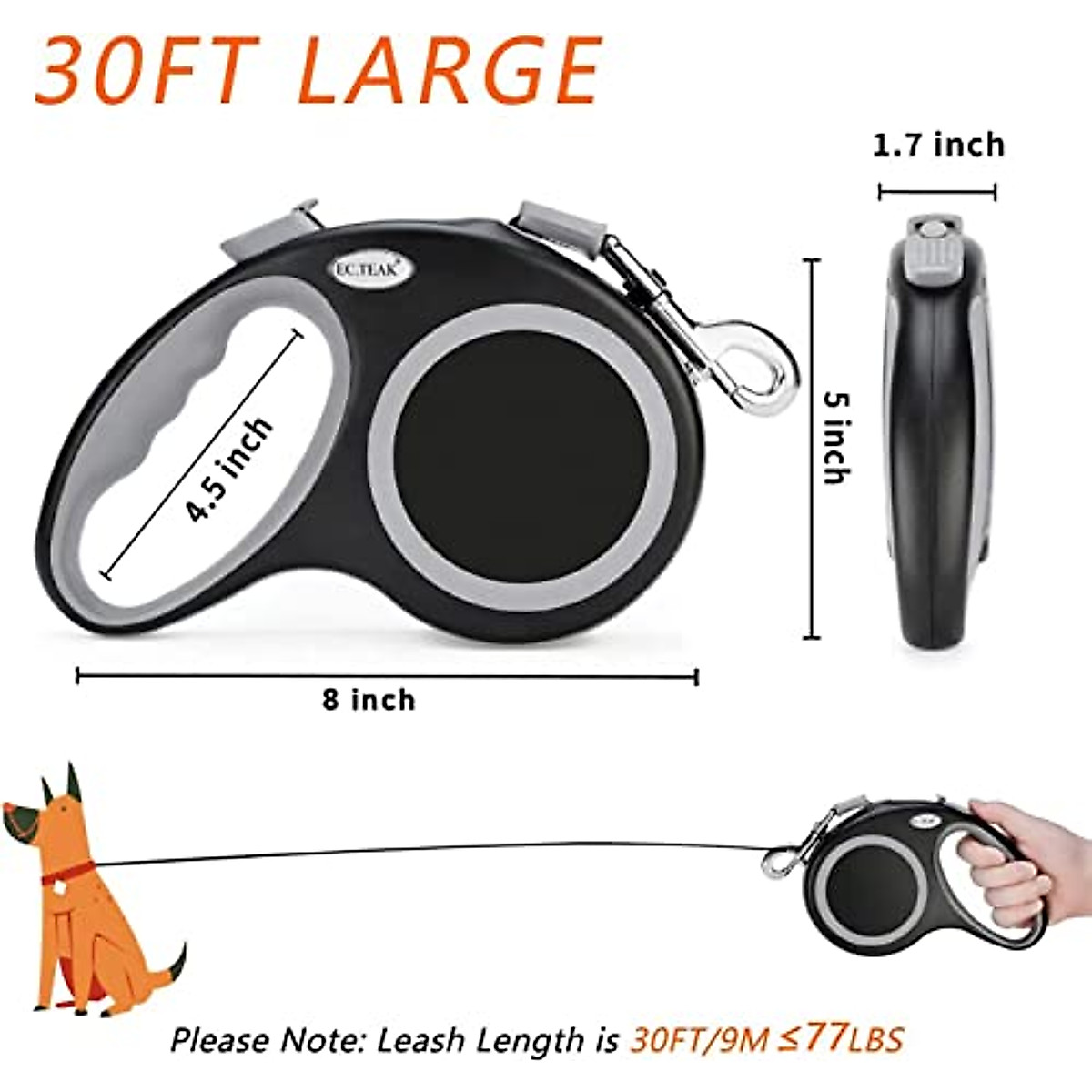 EC.TEAK Retractable Dog Leash, 30 FT Dog Walking Leash for Medium Large Dogs up to 77 lbs, Heavy Duty No Tangle, Large