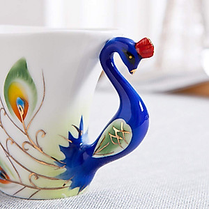 GloDeals Hand Crafted Peacock Tea Coffee Cup Set with Saucer and Spoon Delicate Porcelain Mug for Mom Women Grandma Gift Women’s Day Gift(Blue)