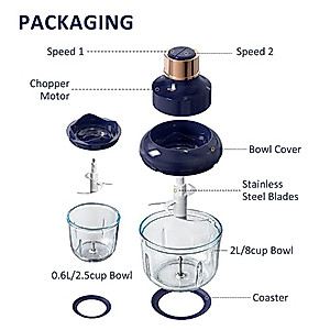 Bear Food Processor, Electric Food Chopper with 2 Glass Bowls (8 Cup+2.5 Cup), 400W Power Grinder with 2 Sets Stainless Steel Blades, 2 Speed for Meat, Vegetables, and Baby Food