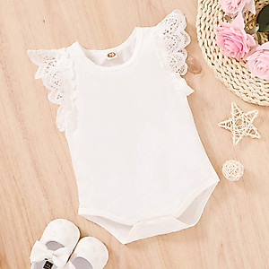 YOUNGER TREE Infant Toddler Baby Girls Romper Lace Flutter Sleeve Bodysuit Cotton Summer Outfits(12-18 Months,White)
