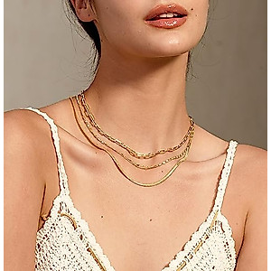 Tewiky Layered Gold Necklace for Women Trendy 14K Real Gold Plated Chain Choker Necklace Set for Women Gold Jewelry for Women Waterproof Chunky Herringbone Cuban Link Paperclip Rope Necklace Gift