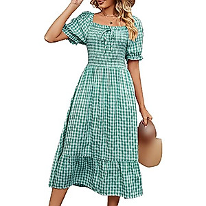 New Pleated Wrap Lace Up Short Sleeve Square Collar Long Plaid Dress Green
