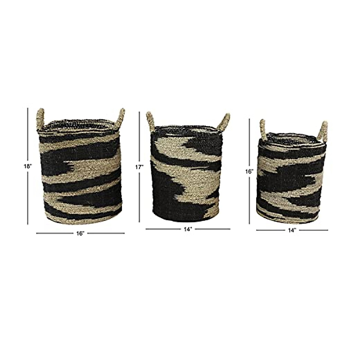 Deco 79 Seagrass Handmade Two Toned Storage Basket with Handles, Set of 3 18", 17", 16"H, Black