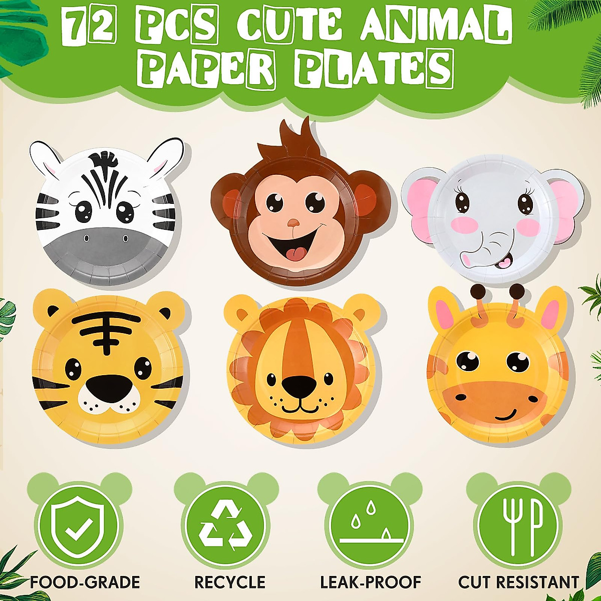 Sunnyray 72 Pcs Jungle Safari Paper Plates 7" Animal Shaped Disposable Dessert Dinner Plates Safari Birthday Party Plates Dinnerware Decorative for Birthday Baby Shower Jungle Animal Party Supplies