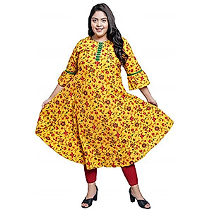 Yash Gallery Women's Plus Size Cotton Floral Print Anarkali kurta (Mustard Yellow)