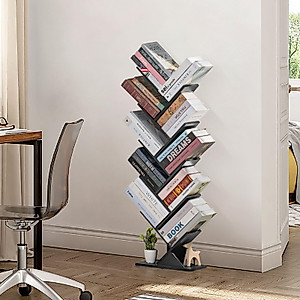 SHEEPAM 10 Tier Tree Book Shelf, Floor Standing Wood Bookshelf for Narrow Space, Storage Organizer Bookshelves for Books/CDs/Magazine, Bookcase with Shelves for Home Office, Living Room - Black