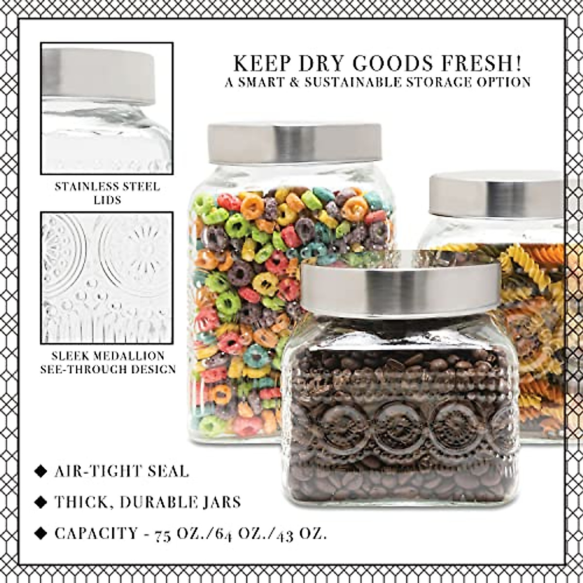Style Setter Canister Set Decorative Glass Jars Chic Retro Floral Design with Airtight Lids for Cookies, Candy, Coffee, Flour, Sugar, Rice, Pasta, Cereal and More (Medallion Square)