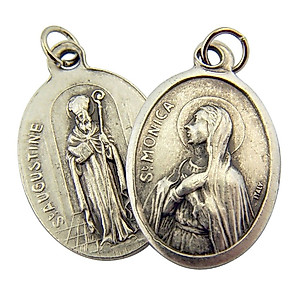 WJH Silver Toned Base Saint Monica with St Augustine Medal Pendant, 1 Inch