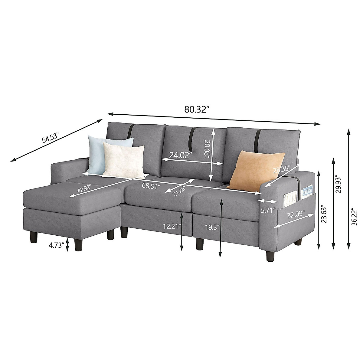 Tornama 80" L Shaped Sectional Sofas 3 Seater Couch with Reversible Ottoman Modern Linen Fabric Small Sectional Couch for Living Room, Apartment, Small Space, Light Grey