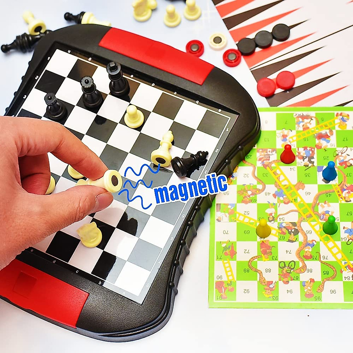 Magnetic Travel Board Games, Chess Set Magnet with 6 Classic Games, 7.8*6.7 In, for Kids 6 and up, Chinese Checkers, Backgammon, Flying Chess, Snakes&Ladders, International Checkers, Small and Light